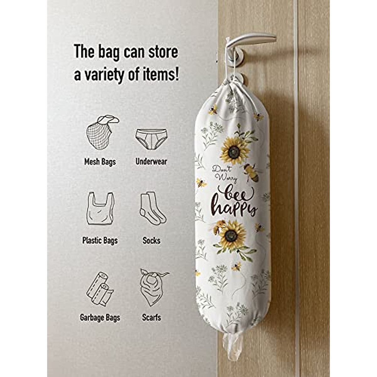 Hglian Kitchen Grocery Plastic Bag Holder and Dispenser Wall Mount Plastic bags Organizer Garbage Shopping Trash bags Storage Container keeper Cute Bee Sunflower Farmhouse Home Décor