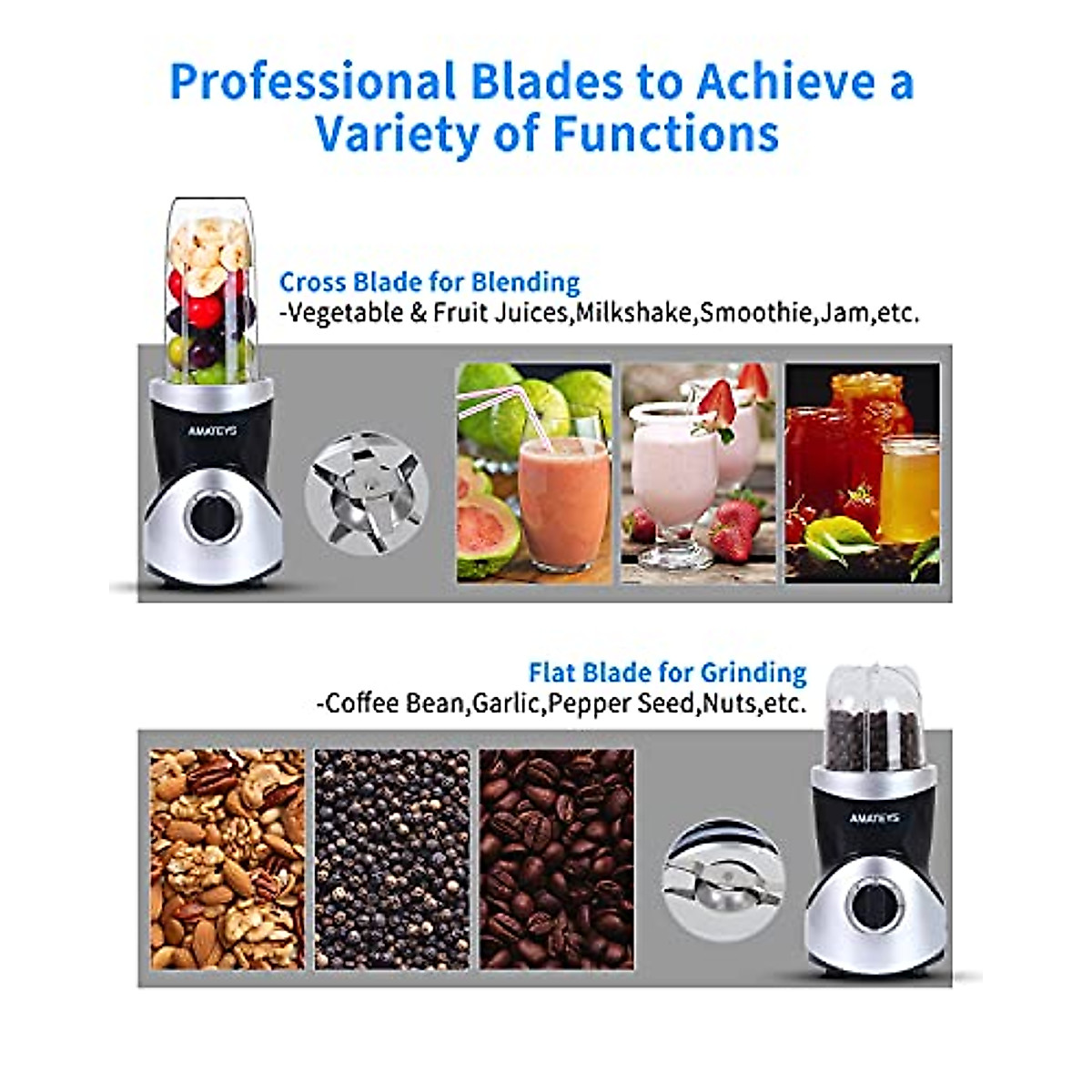 Amateys Personal Blender for Shakes and Smoothies,Professional Kitchen Blender with Blending & Grinding Blades, Portable Coffee Grinder with 24/10 OZ Travel Bottles, Adjustable Speeds Juice Blender