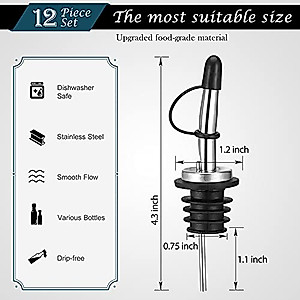 Aozita Bottle Pourers 12 Pack, Stainless Steel Liquor Pourers with Rubber Dust Caps - Classic Bottle Pourers Tapered Spout, Ribs Flex to Fit Different Liquor Bottles About 3/4" Bottle Mouth