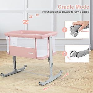 INFANS 3 in 1 Baby Bassinet, Bedside Sleeper for Newborn, Folding Crib with Mattress, Travel Bag, Wheels, 4-Sided Mesh, Easy to Assemble Cradle Co Sleeper Stationary, Rock (Pink)