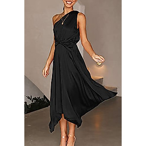 PRETTYGARDEN Women's Summer Long Satin Dress One Shoulder Sleeveless Ruched Twist Flowy Maxi Dresses (Black,Small)