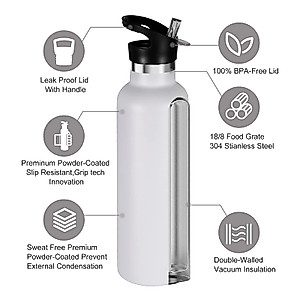 Neihepal White Stainless Steel Water Bottles,24 Ounce Vacuum Insulated Double Wall Travel Bottle with Leak-Proof Straw Lid of Handle,Metal Reusable Standard Mouth Flask Thermoses for Hikers,Gift