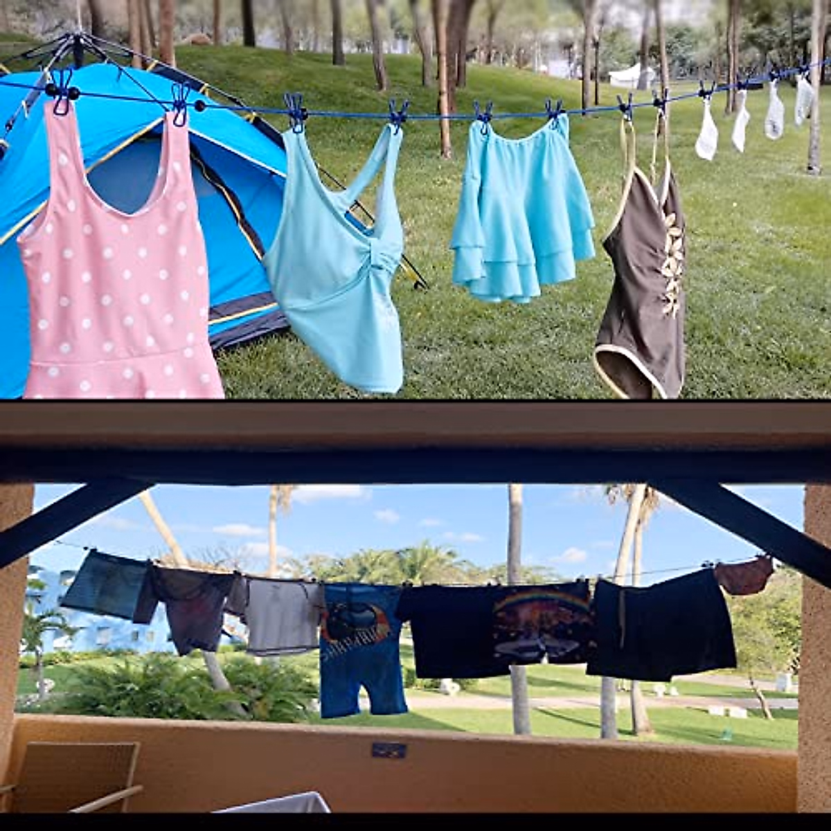 Portable Travel Clothes Line with 12 Clothespins, Windproof Travel Clothesline Stretchy Elastic for Indoor Laundry Drying line,Outdoor Camping Accessories (Black)