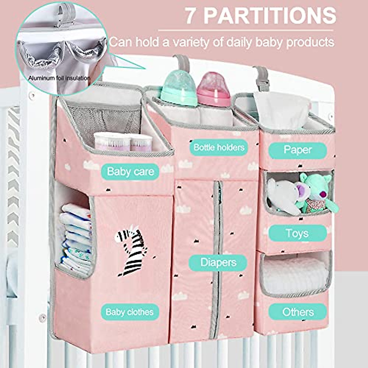 TOCKONIMN Hanging Diaper Caddy Organizer for Baby Crib - 3-in-1 Diaper Stacker for Changing Table Nursery Organization Storage Holder for Baby Essentials Attachment Portable Combining Clothing (Pink)