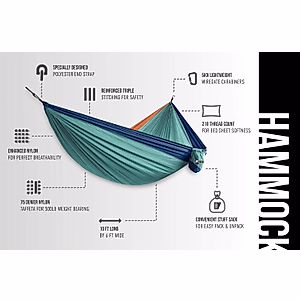 Bear Butt #1 Double Hammock, A Start Up Company Gear at Half The Cost of The Other Guys, Touquoise/Dark Blue/Coral