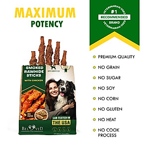 Dog Smoked Rawhide Sticks Wrapped Chicken & Pet Natural Chew Treats - Grain Free Organic Meat & Healthy Human Grade Dried Snacks in Bulk - Best Twists for Training Small & Large Dogs - Made for USA