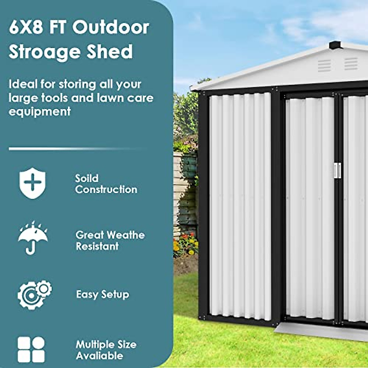 Betterland Outdoor Storage Shed 6×8 FT Garden Metal Tool House, Walk-in Steel Double Sloping Roof Shed with Sliding Door for Garden, Lawn, Backyard (White)