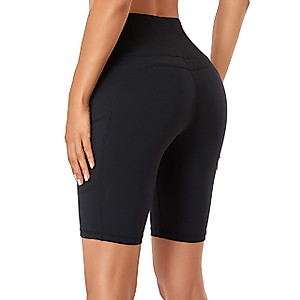 Oalka Women's Yoga Short Side Pockets High Waist Workout Running Shorts Black L