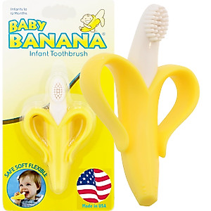Baby Banana Yellow Banana Infant Toothbrush, Easy to Hold, Made in the USA, Train Infants Babies and Toddlers for Oral Hygiene, Teether Effect for Sore Gums, 4.33" x 0.39" x 7.87"