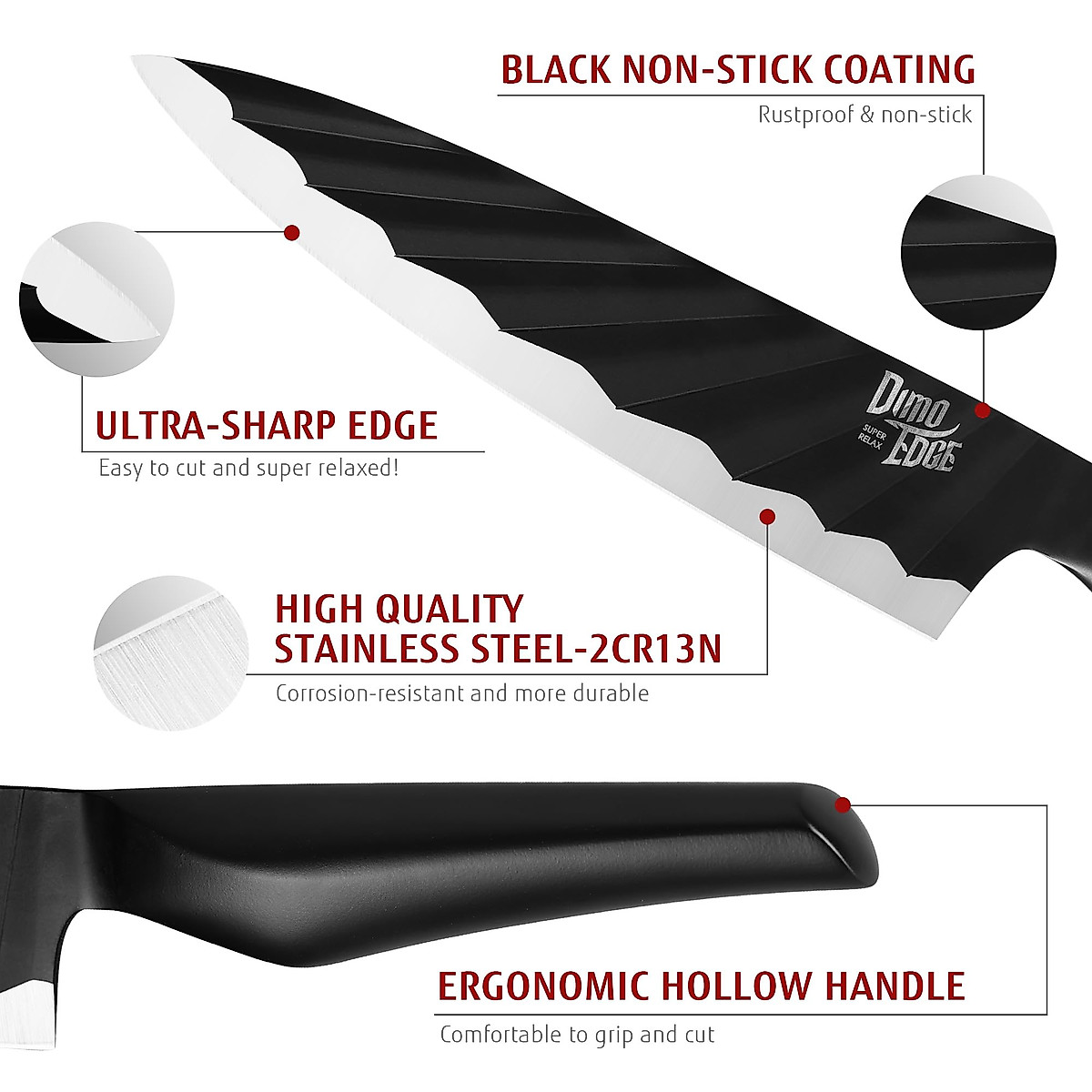 Dimoedge Kitchen Knife Block Set with Built-in Sharpener, Ultra-Sharp 13-Piece Stainless Steel Knives with Ergonomic Hollow Handle