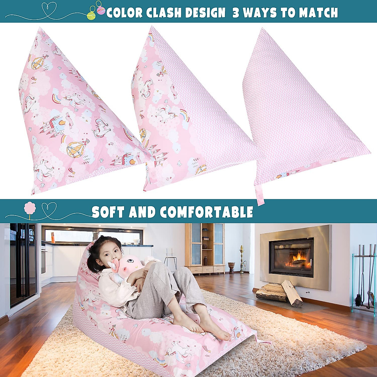 LOLOMLO Stuffed Animal Storage Bean Bag Chair Cover, Cotton Pink Unicorn Plush Toy Storage Stuff and Sit Seat for Kids/Teens/Adults, 52" x 31" Extra Large Triangle Floor Sofa, 200L/52Gal, Cover Only