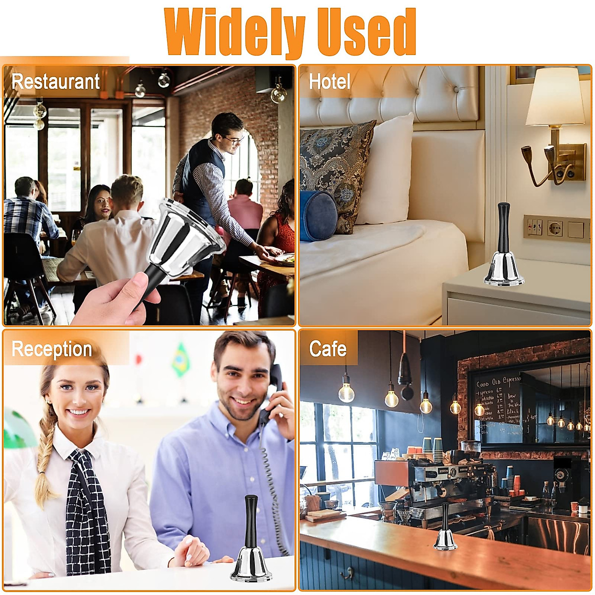 2 Pack Hand Bell, Silver Steel Bell, Ringing Bell with Handle, Dinner Bells for Inside Classroom Bell, for Food Line, Alarm, Jingles, Ringing (Silver)