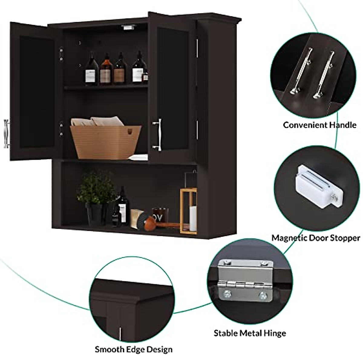 VIVIJASON Wall Mounted Bathroom Cabinet, Over The Toilet Space Saver Storage Cabinet, Medicine Wall Cabinet Storage Organizer, Cottage Collection Wall Cabinet with 2 Doors & Adjustable Shelf, Espresso
