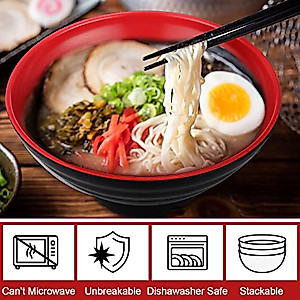 Mimorou 8 Sets Japanese Style Ramen Bowls Melamine Udon Noodle Bowls Red and Black Large Pho Bowls Asian Chinese Soup Bowl Sets