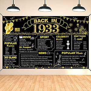 DARUNAXY 90th Birthday Black Gold Party Decoration, Back in 1933 Banner 90 Year Old Birthday Party Poster Supplies, 6x3.6ft Large Fabric Vintage 1933 Backdrop Photography Background for Men and Women