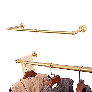 AddGrace Industrial Iron Pipe Clothing Garment Rack Wall Mounted Closet Rod Retail Display Rack Closet Storage Clothes Organizer Gold