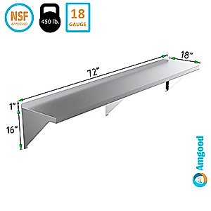 AmGood 18" Width x 72" Length | Stainless Steel Wall Shelf | Square Edge | Metal Shelving | Heavy Duty | Commercial Grade | Wall Mount | NSF Certified