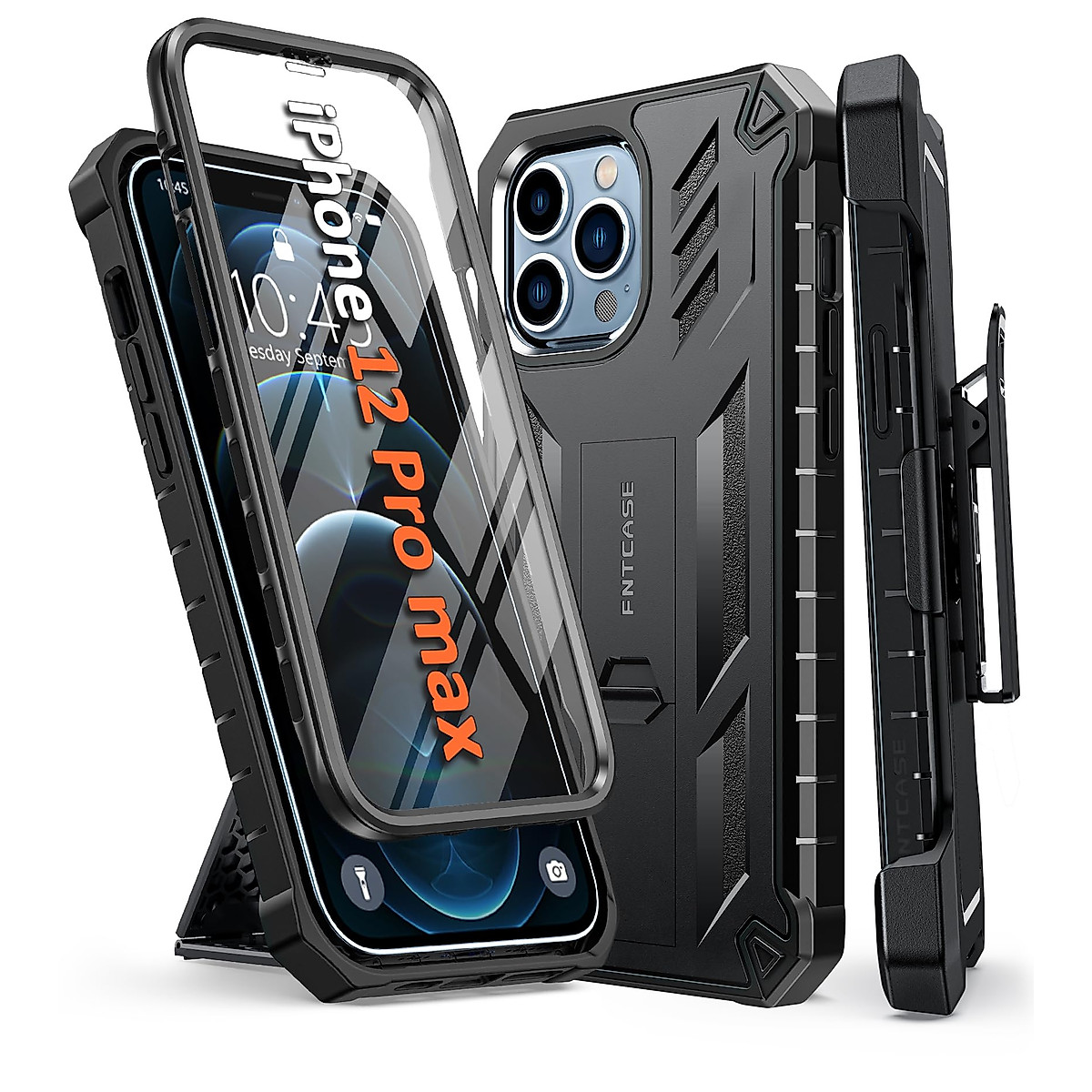 FNTCASE for iPhone 12-Pro-Max Phone Case: with Built-in Screen Protector & Kickstand & Belt-Clip Holster, Full-Body Dual Layer Rugged Military Shockproof Protective Cover-Black