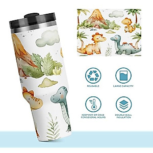 FRCSDIY Cartoon Dinosaur Insulated Tumbler with Handle and Straw Lid,30oz Leakproof Stainless Steel Cup BPA-Free Water Bottle