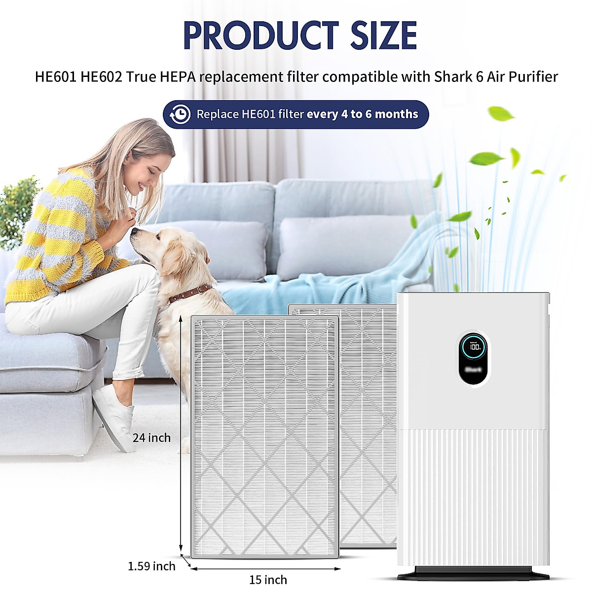 2 Pack HE601 H13 True HEPA Replacement Filter Compatible with Shark Air Purifier 6-Fan HE601 HE602,H13 True HEPA Filter, Compare to Part # HE6FKPET, HE6FKBAS, HE6FKPRO