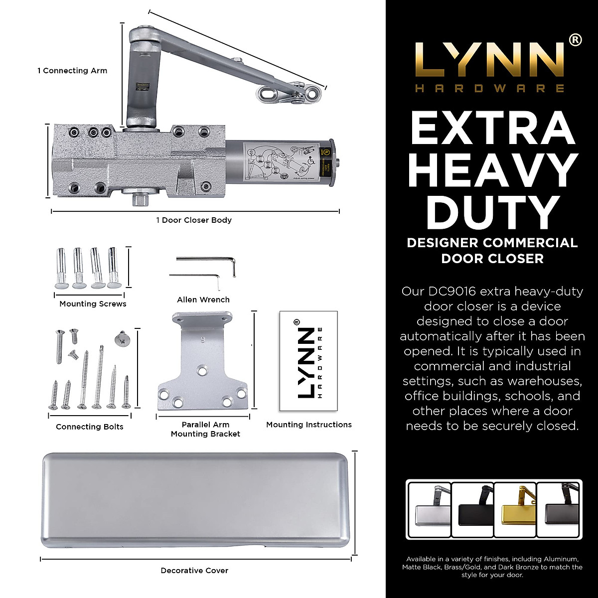 LYNN HARDWARE Extra Heavy Duty Commercial Door Closer, DC9016 Automatic Door Closer, Surface-Mounted Auto Door Closer, Size 1-6 Commercial Door Closer Heavy Duty for Heavy Traffic Areas, Aluminum