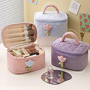 Cute Tulip Cosmetic Bag Large Capacity Makeup Bag Multifunctional Portable Wash Pouch for Travel Lightweight Skincare Toiletry Bag for Women (White)