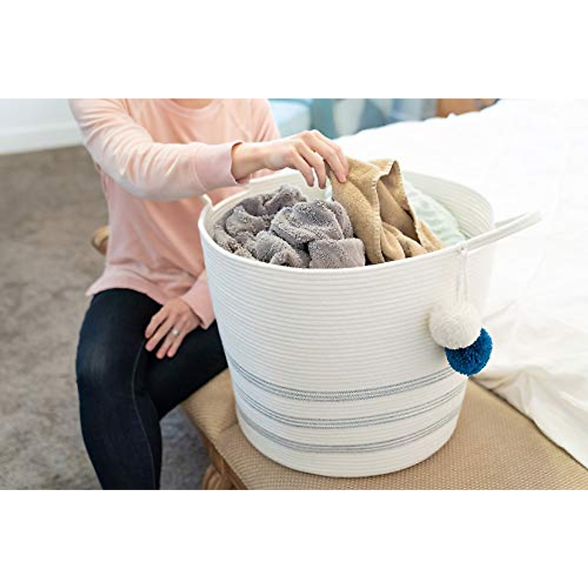 Sweetzer & Orange Extra Large Woven Cotton Rope Storage Basket with Pom-Poms – 16.5”x20.5” - Blanket Storage Baskets, Laundry and Toy Storage, Nursery Hamper - Off White/Navy XXL for Living Room