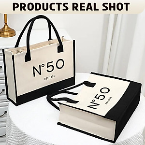 QLSKO 50th Birthday Gift Canvas Tote Bag for Women,N°50 EST.1974 Keepsake Beach Bag 50 Party Birthday Idea Present for Her Fifty