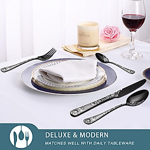 PHILIPALA 20 Pcs Mirror Black Silverware Set, Stainless Steel Flatware Cutlery Set for 4, Tableware Eating Utensils Sets with Unique Floral Design, Dishwasher Safe