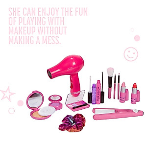 PixieCrush Kids Makeup Kit for Girls - with Pretend Hair Dryer and Flat Iron - Play Hair Styling Kit for Kids and Little Girls - Ages 3, 4, 5, 6, 7, 8, 9, 10 - Comes in a Pink Carrying Case