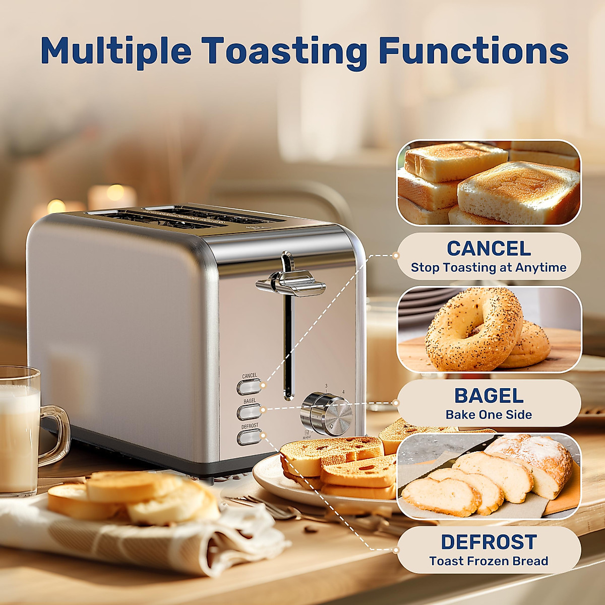 YSSOA Stainless Steel Toaster 2 Slice with Extra Wide Slot & Removable Crumb Tray, 6 Shade Settings and Bagel/Defrost/Cancel Functions, Compact Oven, for Various Bread & Waffle, Silver New