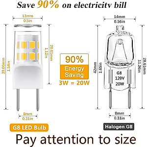 YKWCW G8 LED Bulb, 3W Equivalent to 20W-25W Halogen Bulb, T4 JCD Type Bi-Pin G8 Base, 120V Puck Light Bulbs for Under Cabinet Light, Under Counter Kitchen Lighting, 3000K Warm White （5 Pack）