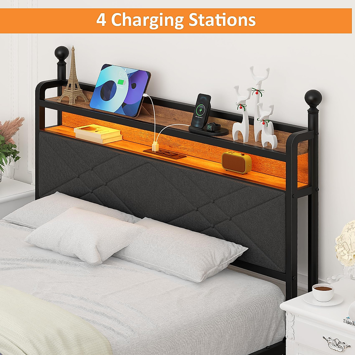 Winkalon Metal Bed Frame Queen Size Black Iron Platform with Modern Headboard and Footboard No Box Spring Needed, Under Bed Storage, Strong Slat Support (Canopy Bed Frames, Queen)