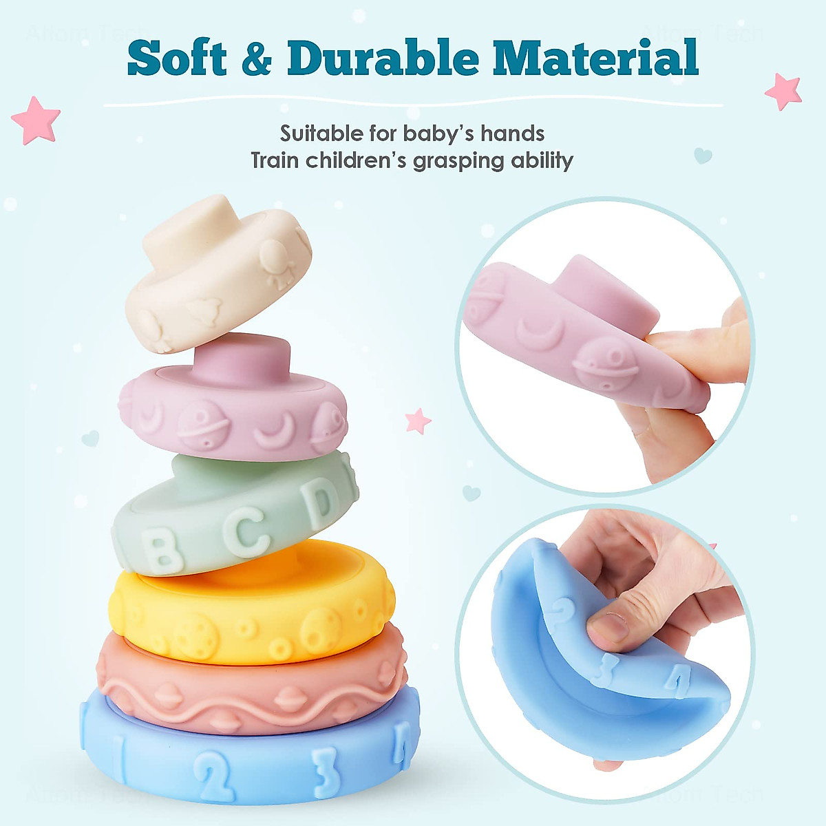 NiToy 6PCS Stacking & Nesting Building Ring Teether Stacker Toy for Boys and Girls, Educational Rainbow Tower Wheels Soft Silicone Circle Squeeze Toy with Letter Number Graphic Engaging Early Learning