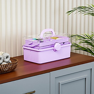 SuoXing 13'' Three-Layer Clear Plastic Storage Box/Tool Box, Multipurpose Organizer and Portable Handled Storage Case for Art Craft and Cosmetic (Purple)