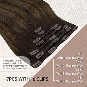 Sunny Hair Clip in Hair Extensions Straight Human Hair Clip in Extensions Remy Clip in Hair Extensions Real Human Hair Extensions Clip ins Dark Brown Ombre Medium Brown Balayage 18inch