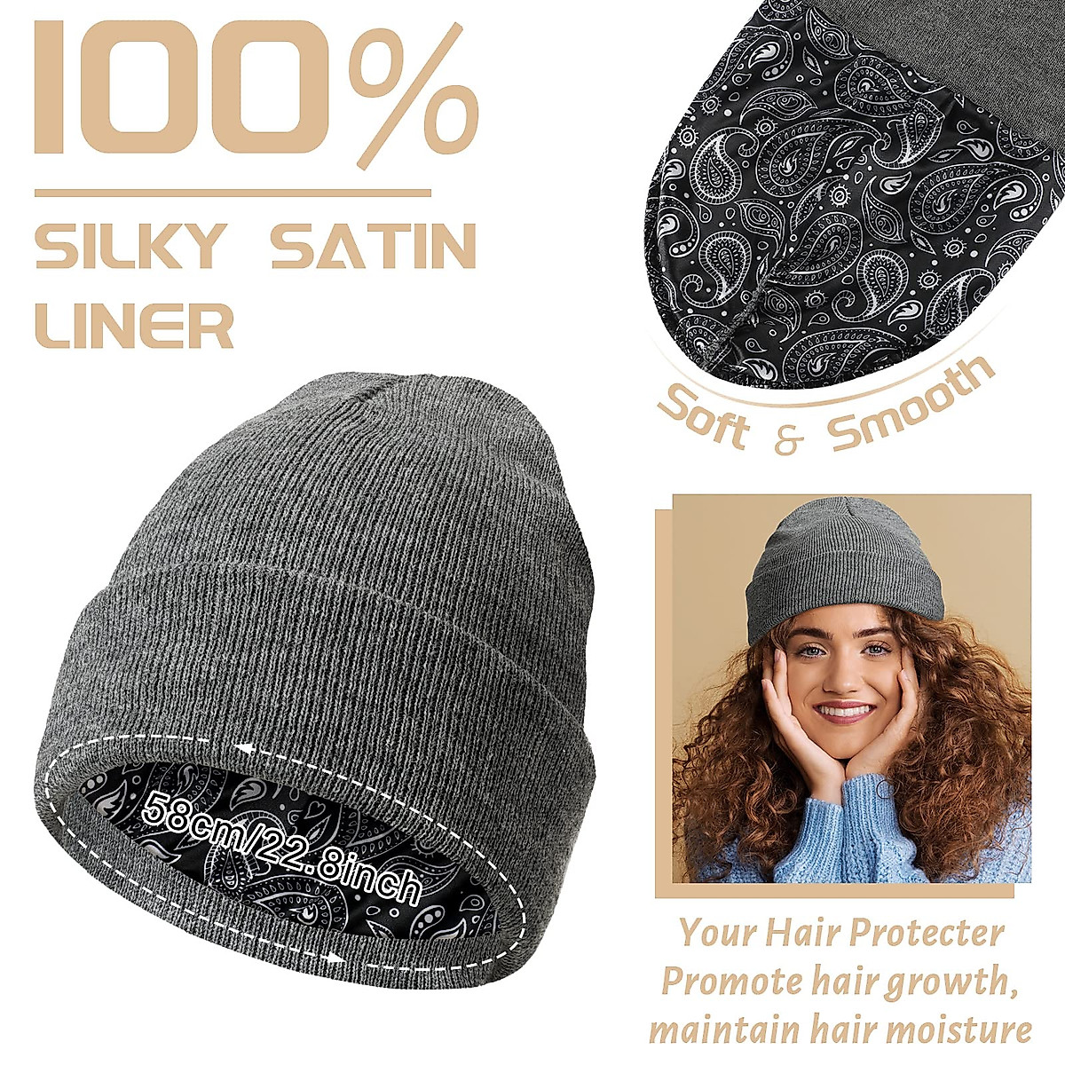 Eurzom 3 Pcs Winter Satin Lined Beanie Hat Warm Cuffed Plain Satin Hat Winter Knit Cap with Lining for Men Women Girls Boys (Dark Gray, Brown, Beige)