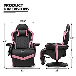 MoNiBloom Massage Gaming Recliner Chair with 2 Speakers Ergonomic Game Chair Neck Support and Widened Armrests with Built-in Cup Holders, Tilt & Swivel Comfortable Gaming Chair with Storage Bag, Pink