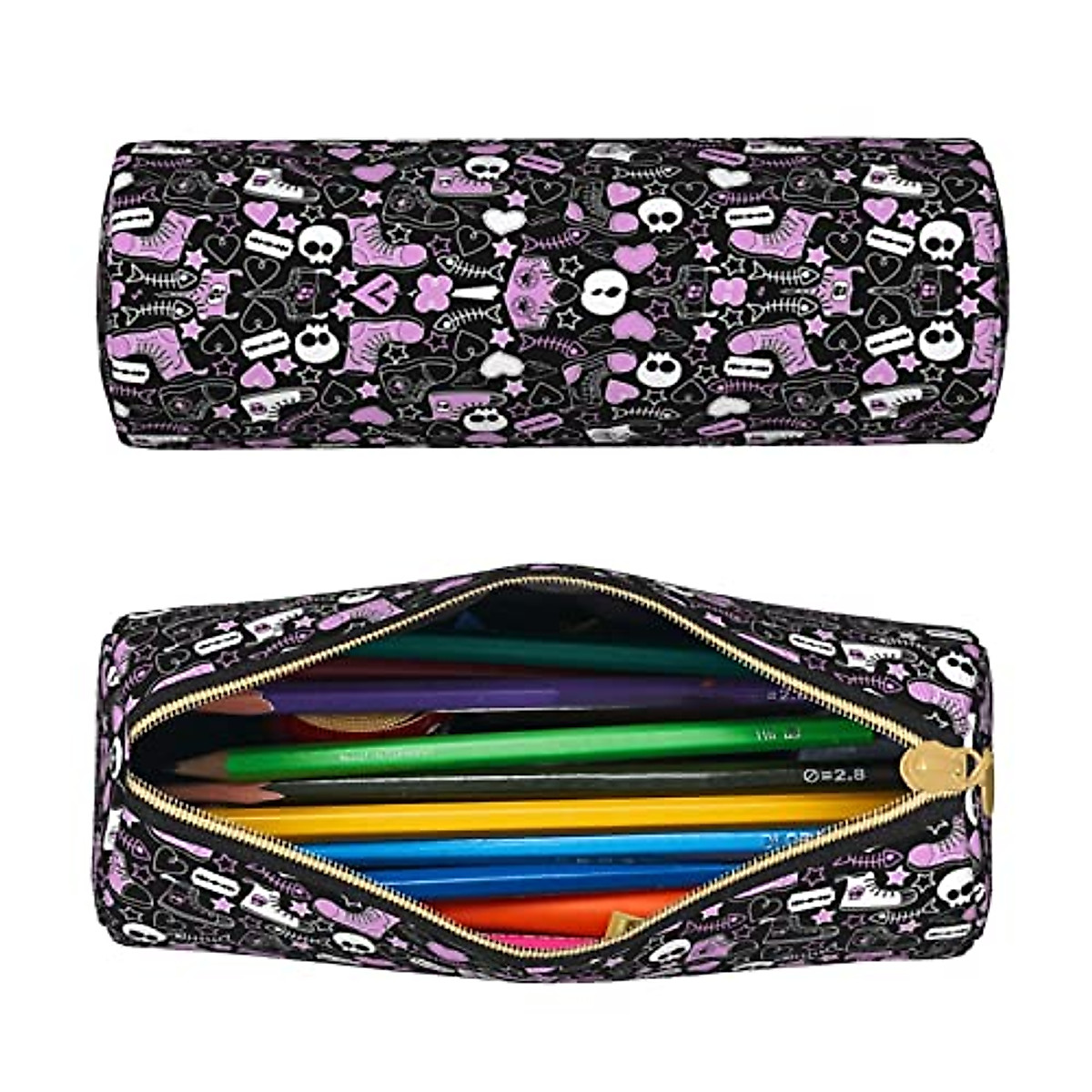 TumzfhQ Pencil Pouch Small Pen Case Pencil Bag Cylinder Leather Organizer Zipper Multi Function for Teen Girls Kids Office Women Skull Love
