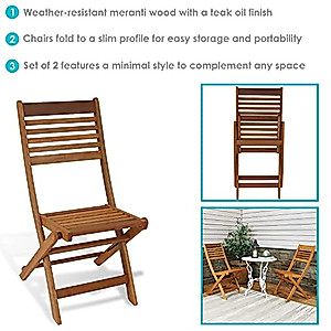 Sunnydaze Meranti Wood Outdoor Folding Patio Chairs - Set of 2 - Outside Wooden Bistro Furniture for Lawn, Deck, Balcony, Garden and Porch - Teak Oil Finish