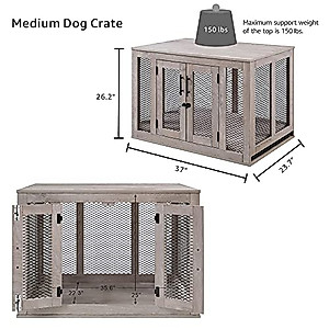 unipaws Dog Crate Furniture, Wooden Dog Kennel for Medium Breed, Indoor Decorative Wood Dog Cage, Inside Side End Table Crate with Removable Tray and Dog Bed, Dog Enclosure, for Dogs Up to 40 lbs