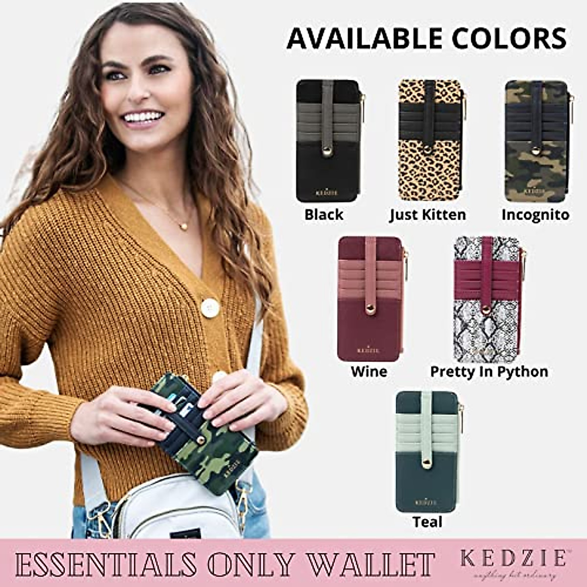 KEDZIE Essentials Only Women's Zippered Wallet in Vegan Leather Small Card Holder Wallet Exterior ID Window - Teal