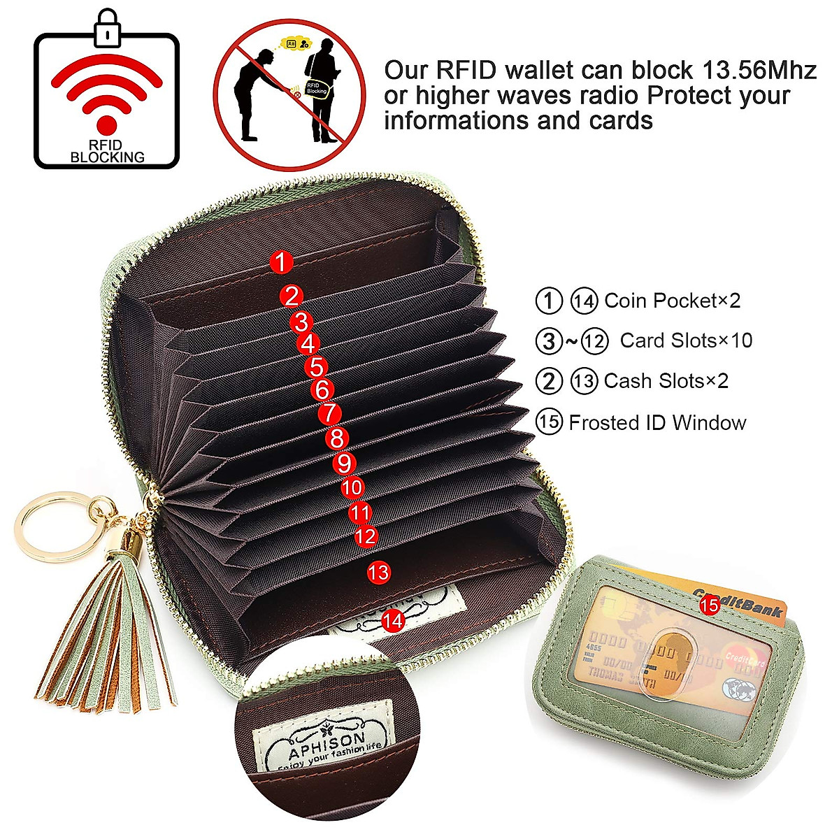 APHISON RFID Credit Card Holder Zipper Card Case Keychain Small Wallet for Women 1927 GREEN