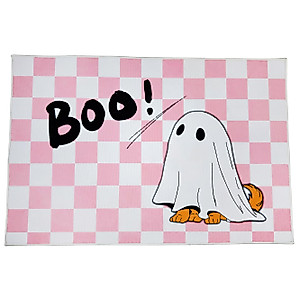Twelve Studio Halloween Boo Doormat, Cute Spooky Ghost Dog Indoor Outdoor Welcome Mat, Washable Anti-Slip Rug for Entrance Kitchen Bathroom Halloween Decoration, 2’x3' Pink White Checkerboard