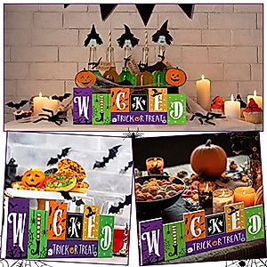 Purpeak Reversible Fall Wooden Table Sign Double Side Halloween and Thanksgiving Tabletop Sign Decor Wicked and Turkey Wood Block Fall Tiered Tray Decor for The Home Shelf Party Decor