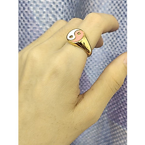 Yin and Yang Pink and White Round Signet Band Ring for Women Hypoallergenic Stainless Steel 18K Gold Plated Fashion Dainty Middle Finger Ring Tai Chi Balance Chinese Taoism Zen Spirit Talisman Statement Ba Gua Feng Shui BFF Birthday Size 6-8 (6)