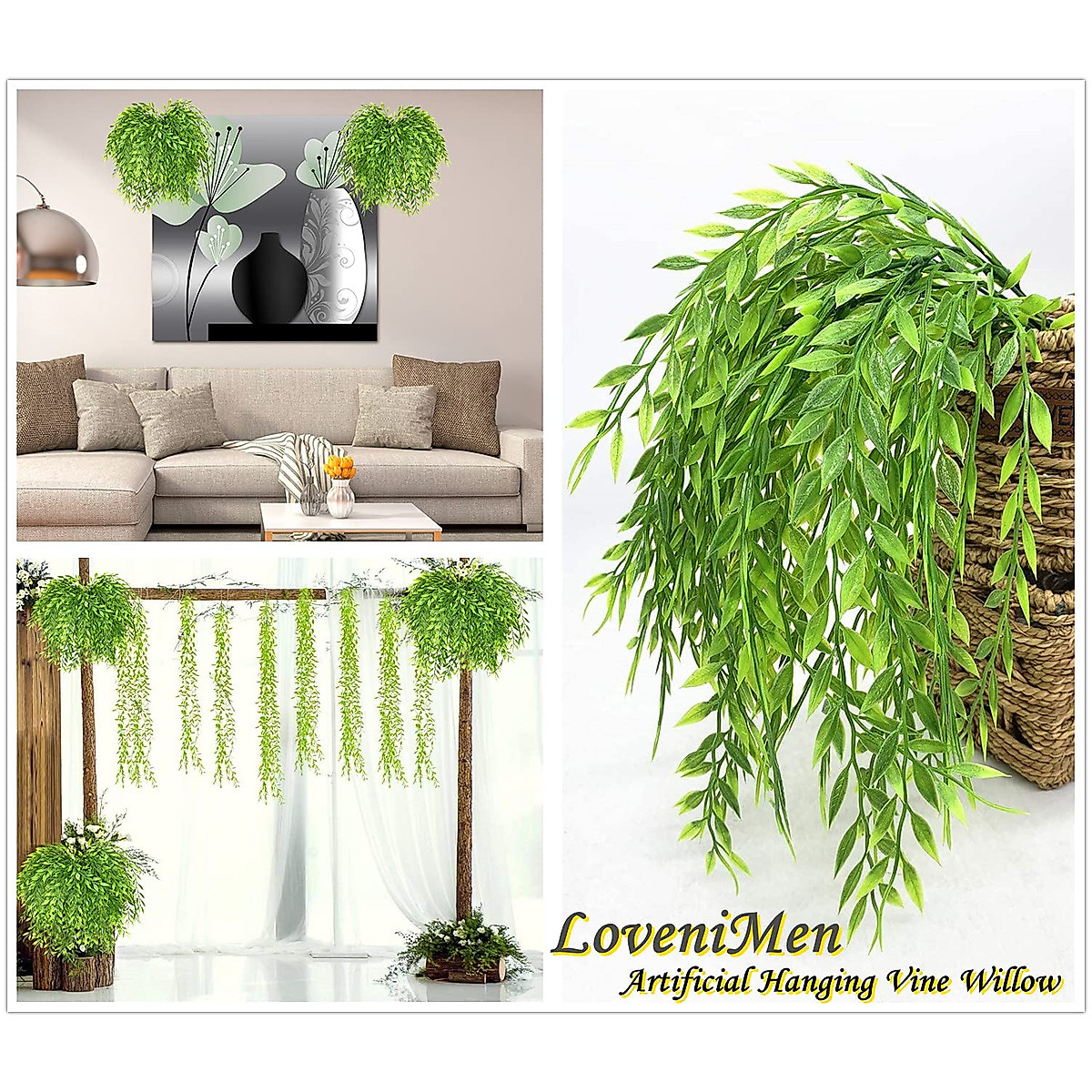 LoveniMen Artificial Weeping Willow, Plastic Plants Greenery Shrubs, Fake Hanging Vine Ivy Garland Outdoor Indoor Home Garden Verandah Parterre Wall Baskets Table Decoration UV Resistant 4 pcs
