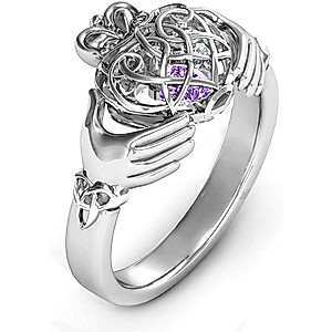 YUOTO Claddagh Rings For Women,Birthstone Rings Sterling Silver Personalized Name,Caged Locket Heart Irish Rings Engraved Bands With Names For Teen Girls Women Love Wedding