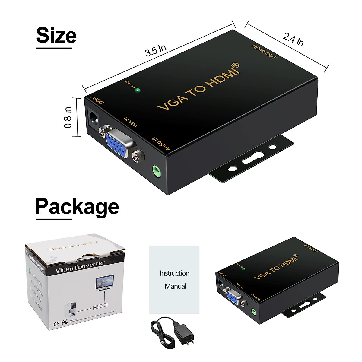 CKL VGA to HDMI Adapter Converter 1080P with 3.5mm Audio Sound and DC 5V Power Supply for PC Laptop Display Computer Mac Projector HDTV
