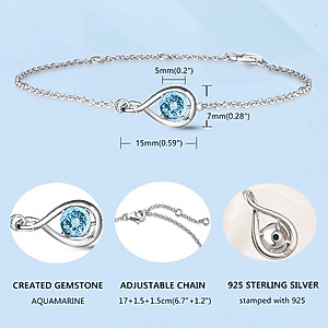 FANCIME Aquamarine Bracelet 925 Sterling Silver Infinity Bracelet Blue Gemstone March Birthstone Fine Jewelry Birthday Anniversary Graduation Gifts for Women Her Mom, Length 6.7"+1.2"